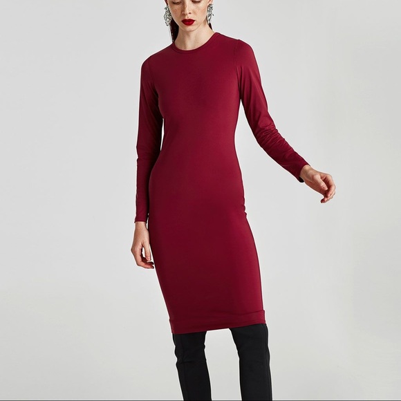 Zara | Dresses | Zara Maroon Polyamide Dress With Long Sleeves | Poshmark